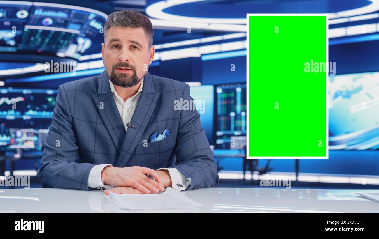 Split Screen TV News Live Report: Male Anchor Talks, Reporting ...