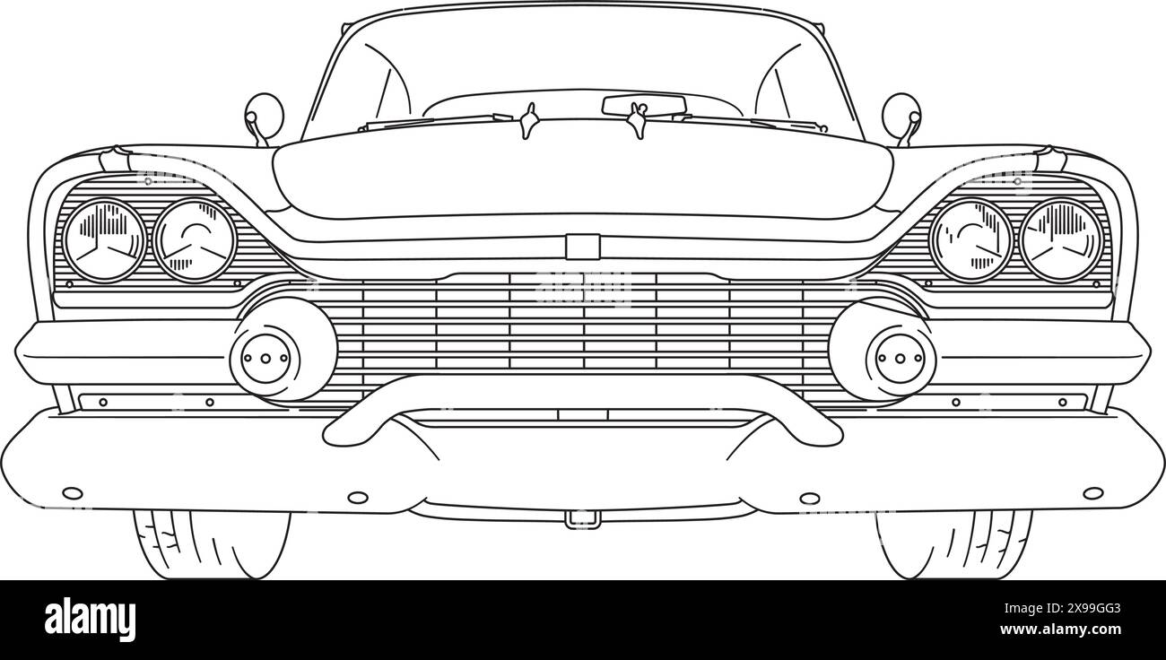 Vintage american muscle car from the 1950s low angle frontal view line ...