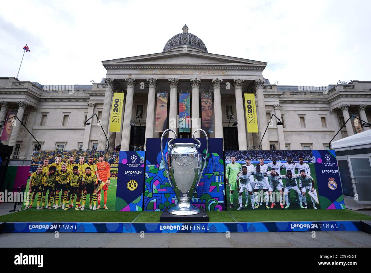 A general view of a replica UEFA Champions League trophy in Trafalgar ...