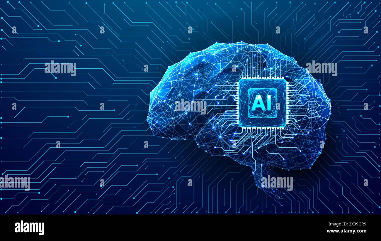 AI chip integral into abstract technology brain on blue background ...