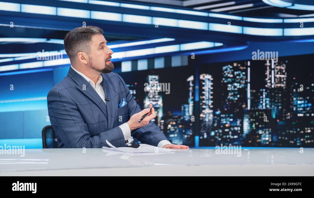 Beginning Evening News TV Program: Male Anchor Presenter Reporting ...