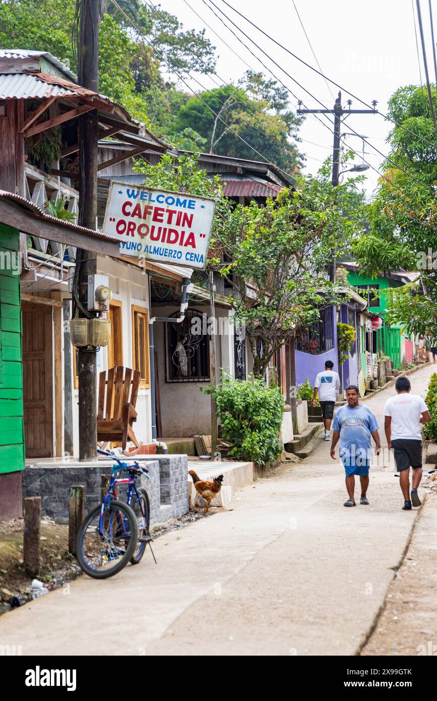 El Castillo , Nicaragua - March 11, 2024: Main road with restaurants ...