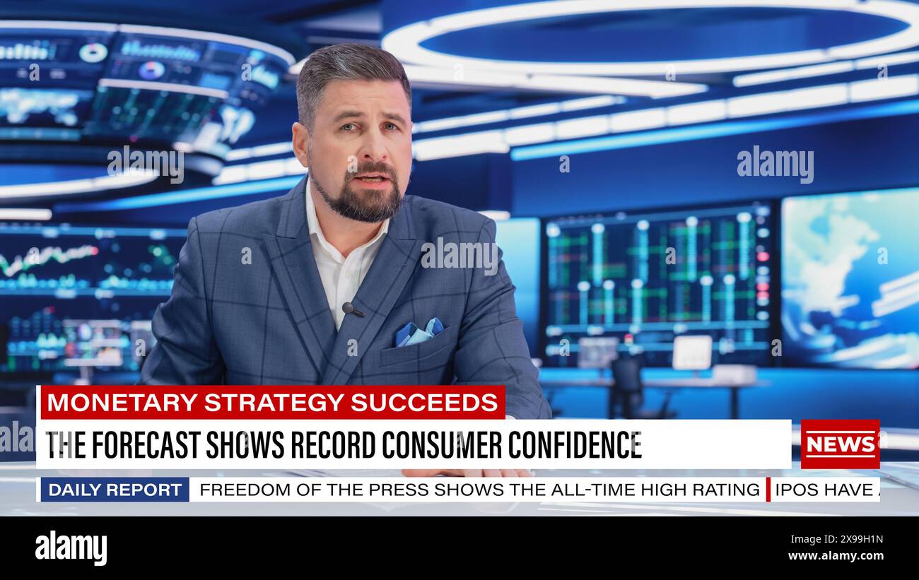 TV Live News Program: Charismatic White Male Presenter Reporting ...