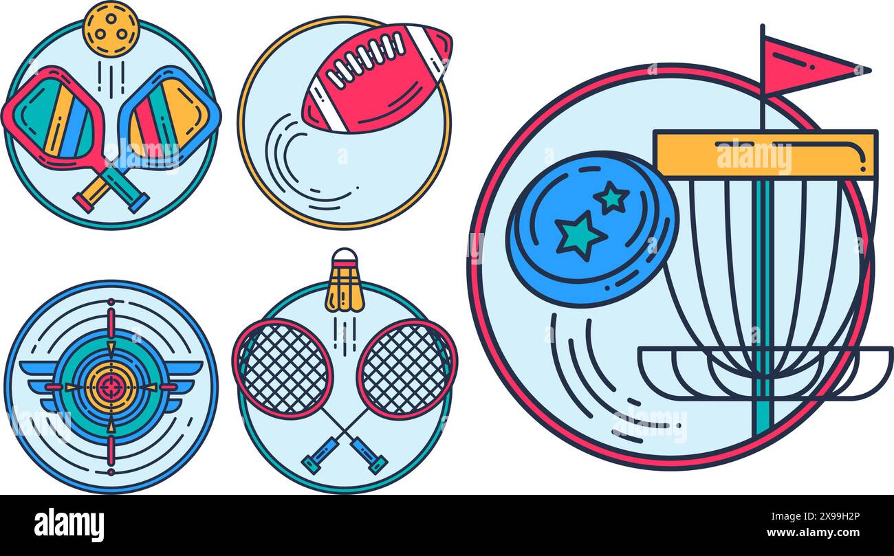 Set of sport emblems of table tennis badminton archery rugby and flying ...