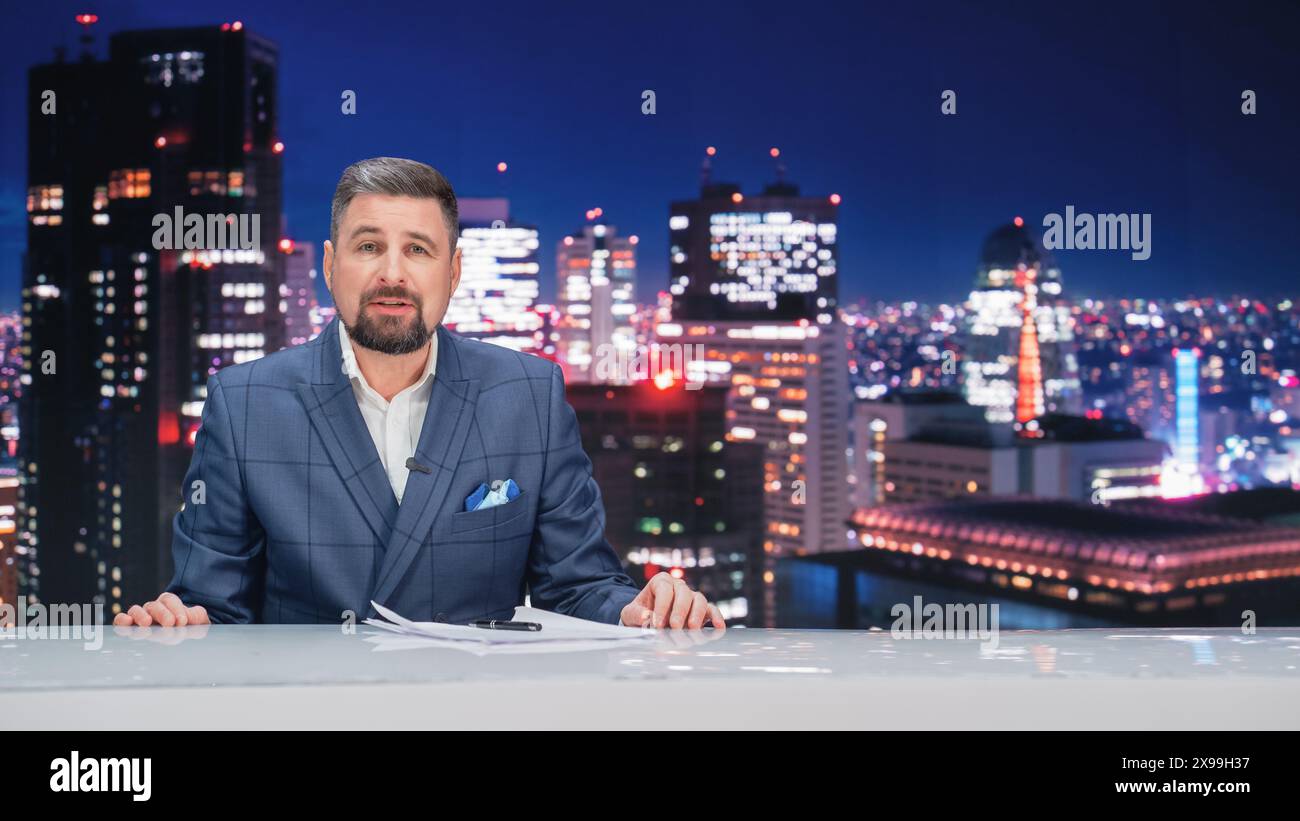 Late Night TV Talk Show Live News Program: Charismatic Male Anchor ...