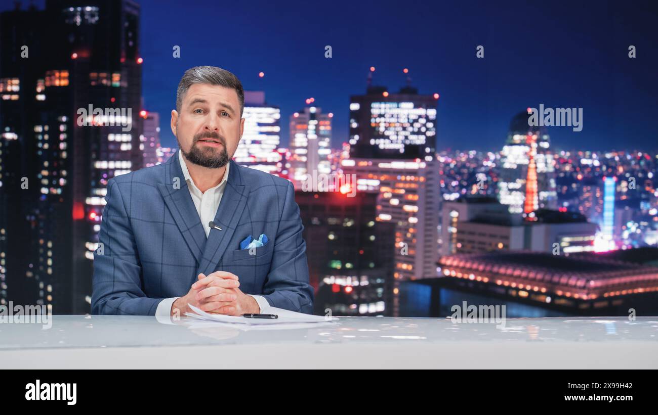 Late Night TV Talk Show Live News Program: Charismatic Male Anchor ...
