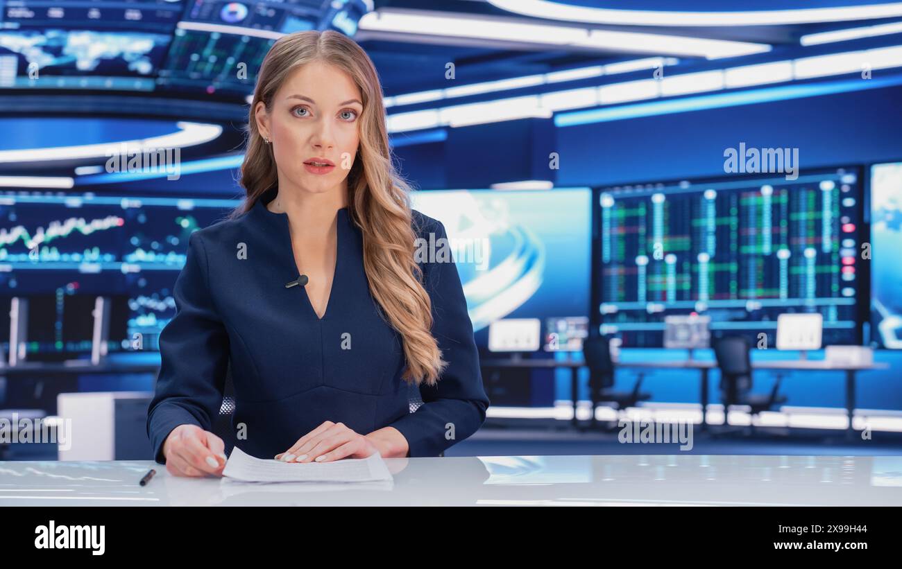TV Live News Program: Professional Female Presenter Reporting on ...