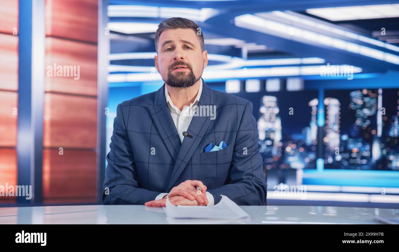 Daily News TV Program: Anchor Presenter Reporting on Business, Economy ...