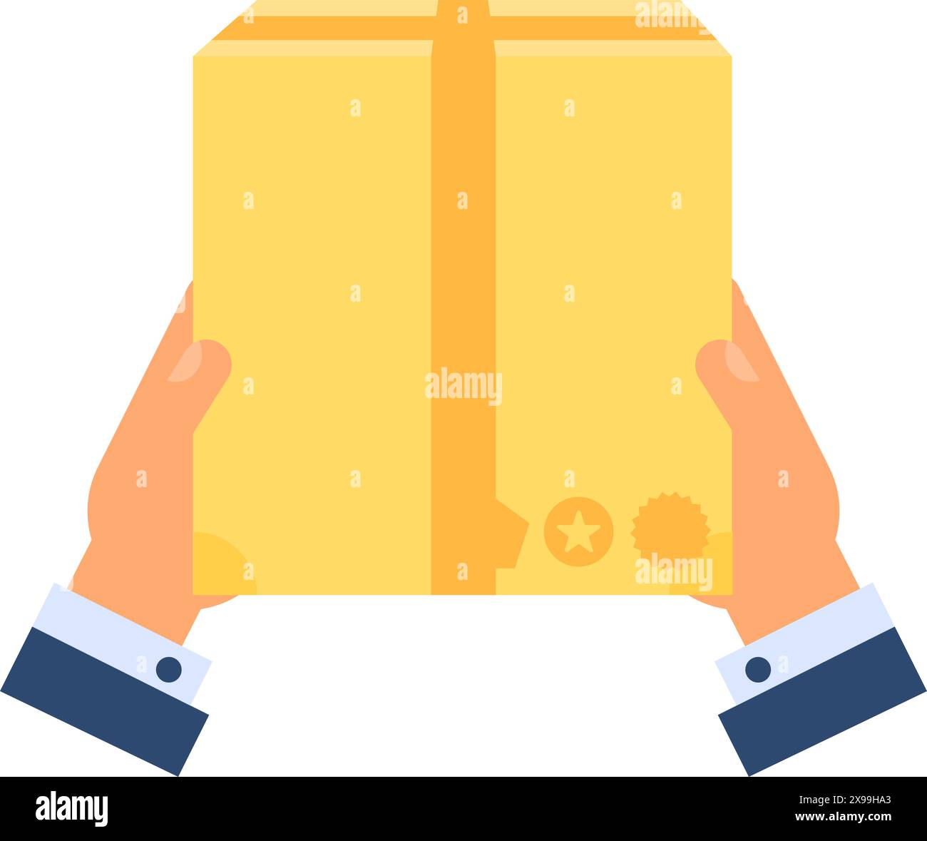 Courier hands holding cardboard closed box. Delivery of goods, shopping process flat element for ...