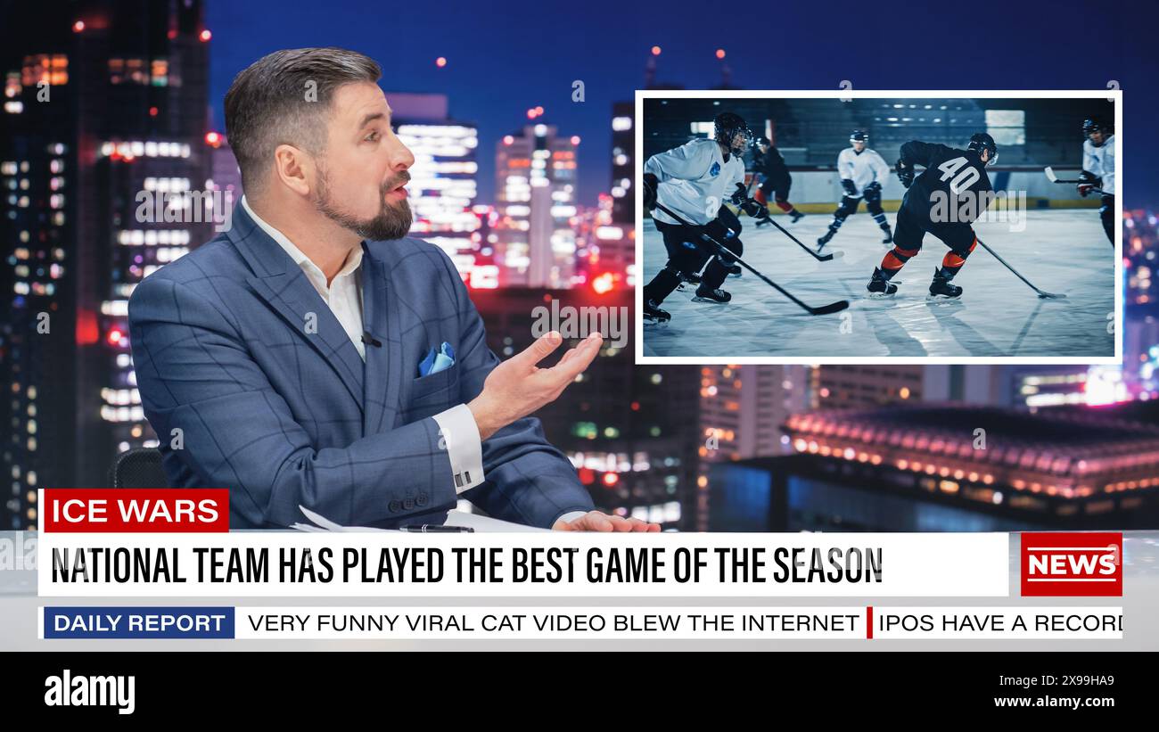 Split Screen TV News Live Report: Anchor Talks. Reportage Montage ...