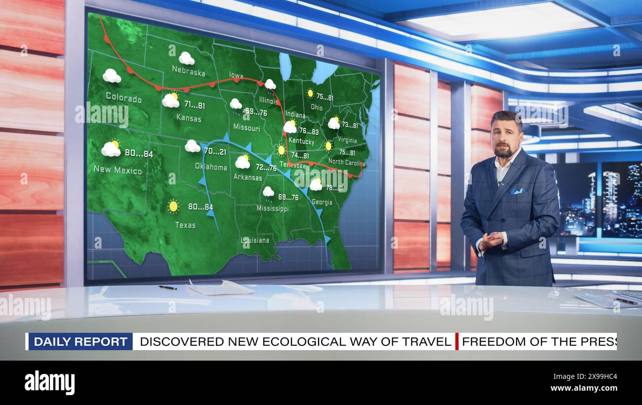 TV Weather Forecast Program: Professional Television Host Reviewing ...