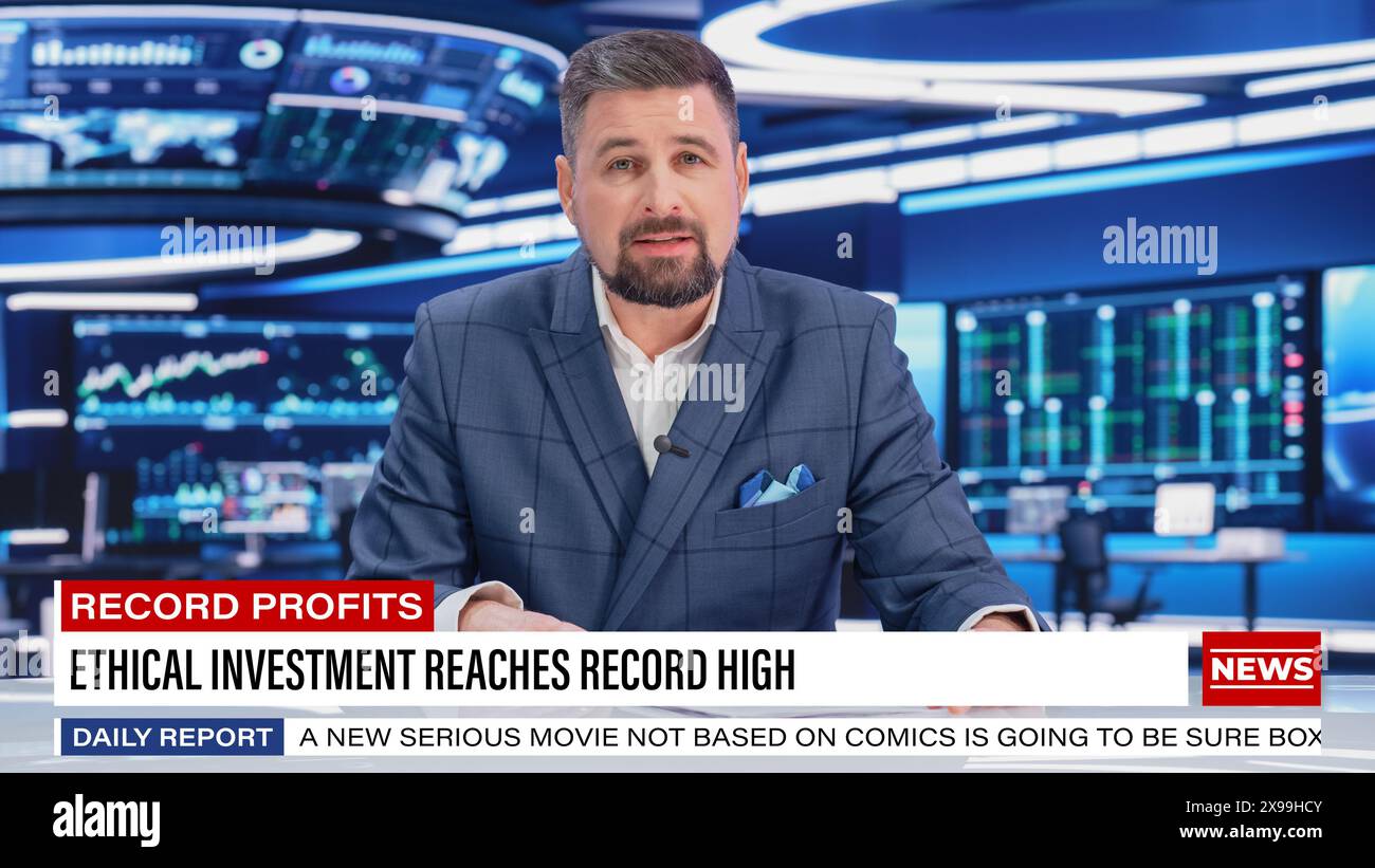 TV Live News Program: Presenter Reporting On the Events of the Day ...