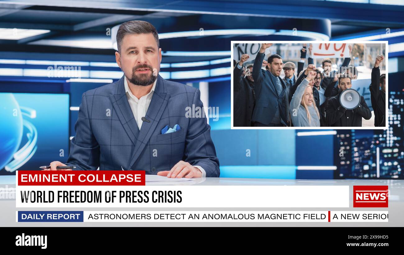 Split Screen TV News Live Report: Anchorman Talks. Reportage Montage ...