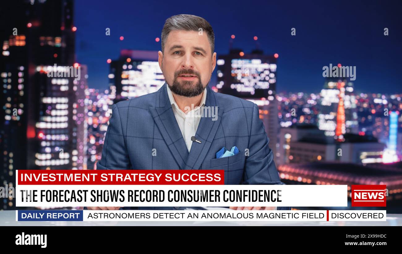 Late Night TV Talk Show Live News Program: Charismatic Male Anchor ...