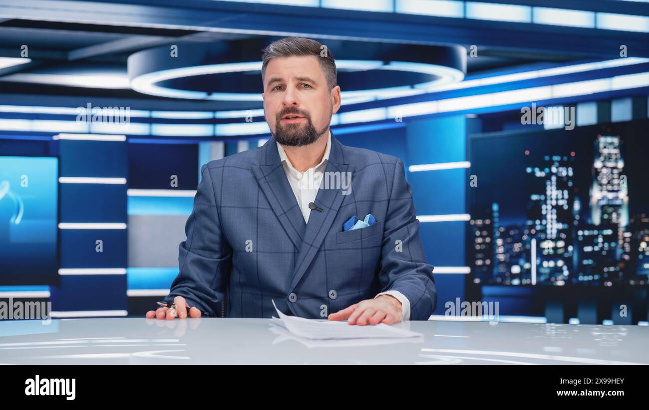 Evening News TV Program: Anchor Presenter Reporting on Business ...