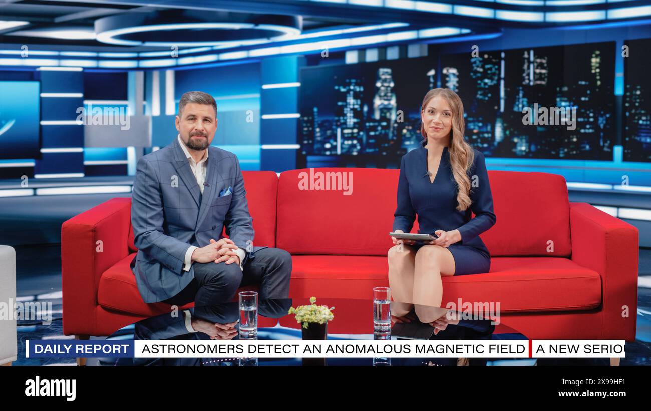 Talk Show TV Program: Two Professional Presenters Talk, Discuss News ...