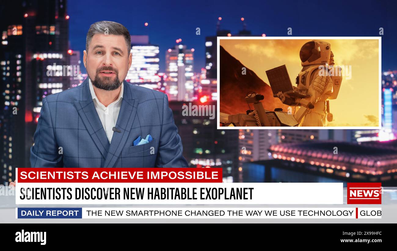 Split Screen TV News Live Report: Anchor Talks. Reportage Montage ...