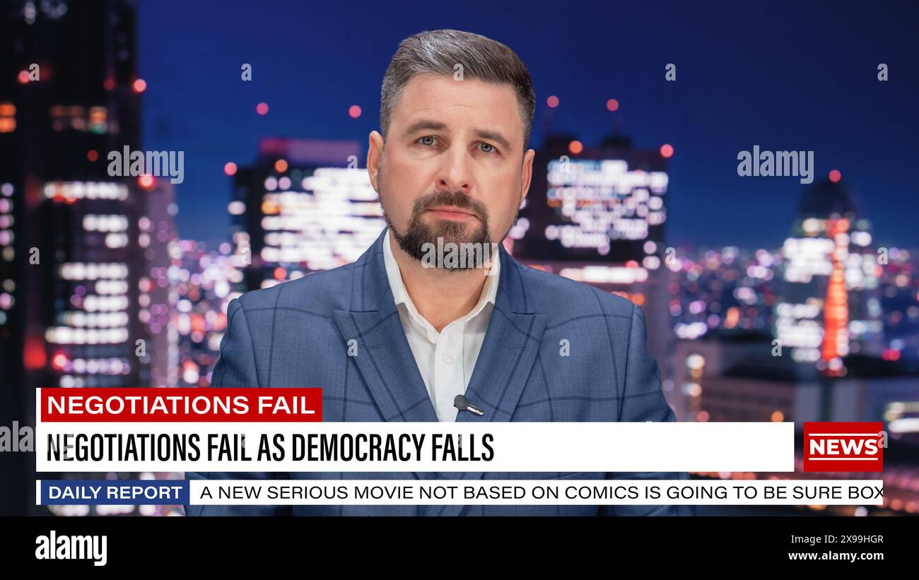 Late Night TV Talk Show Live News Program: Charismatic Male Anchor ...