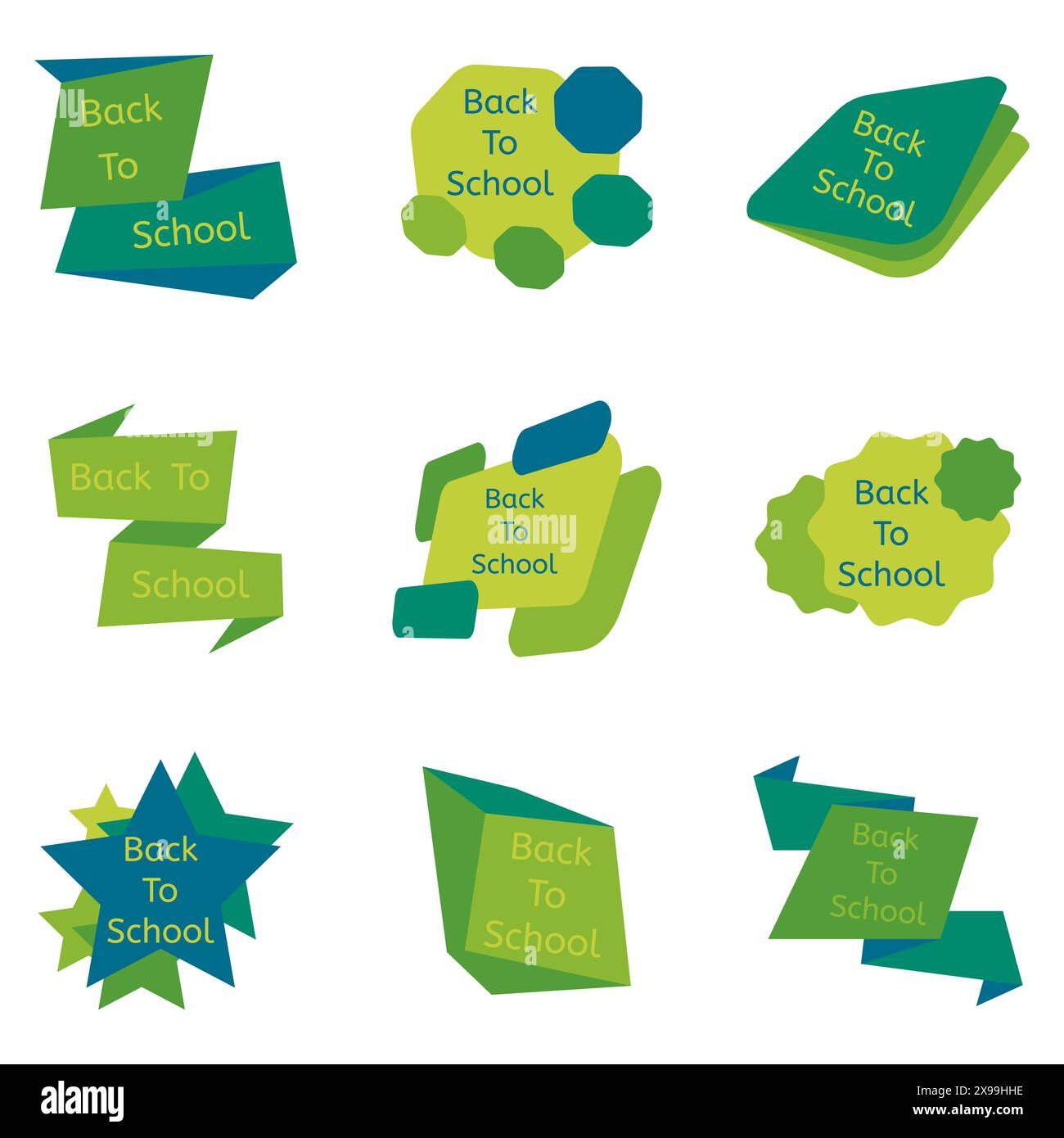 Set of nine green back to school badges. School labels and icons ...