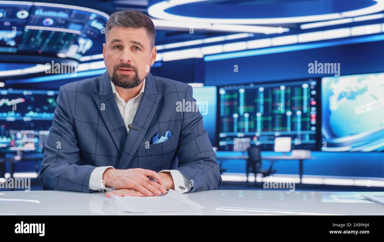 TV Live News Program: Charismatic White Male Presenter Reporting ...