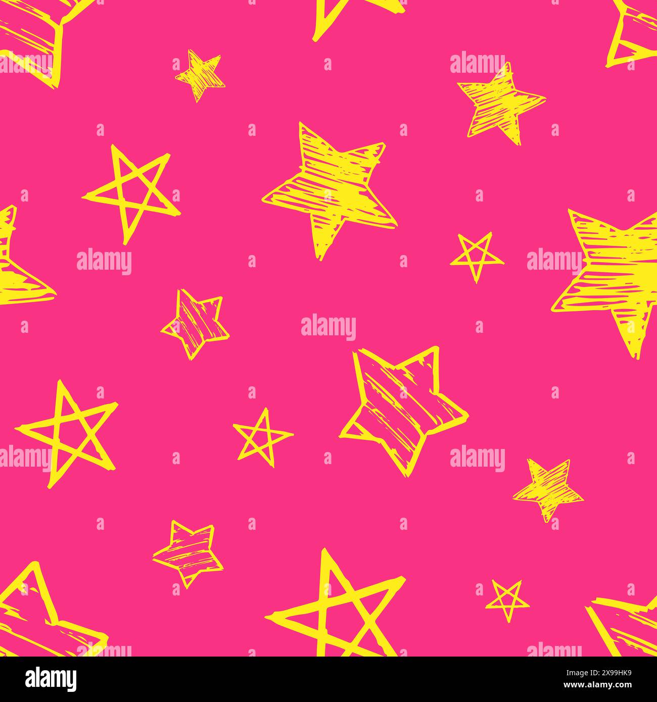 Seamless background of doodle stars. Yellow hand drawn stars on pink background. Vector ...