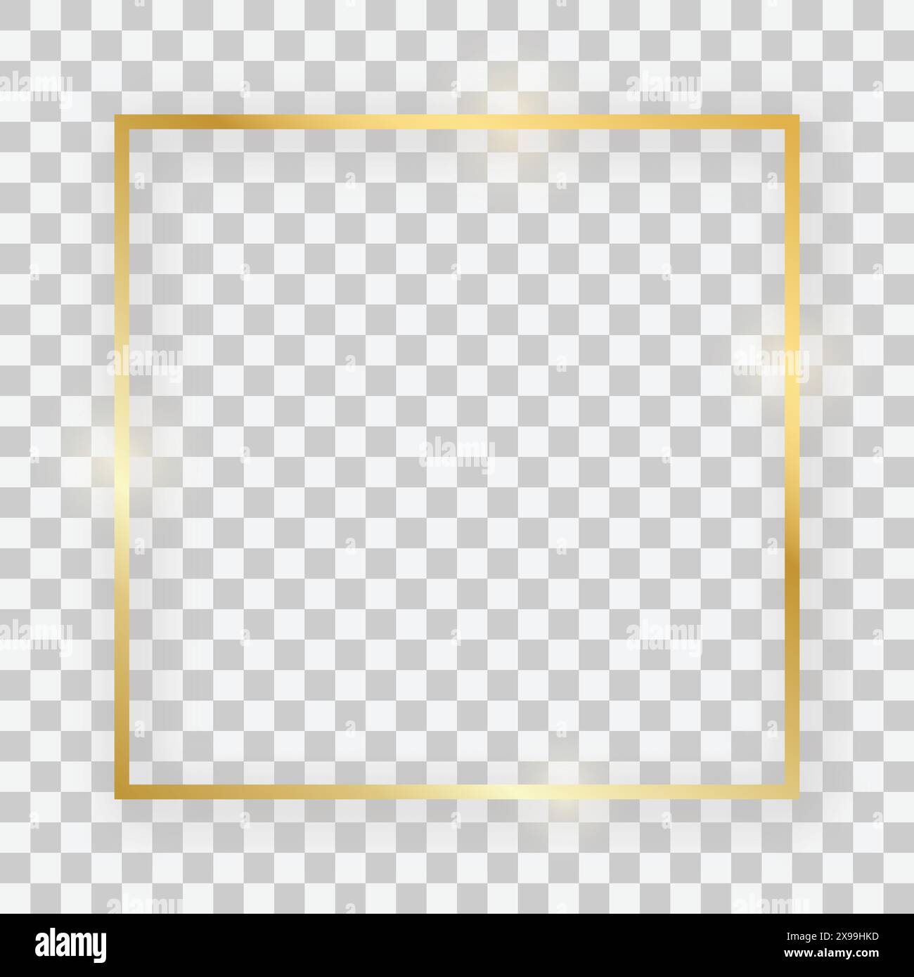 Gold shiny square frame with glowing effects and shadows on transparent ...