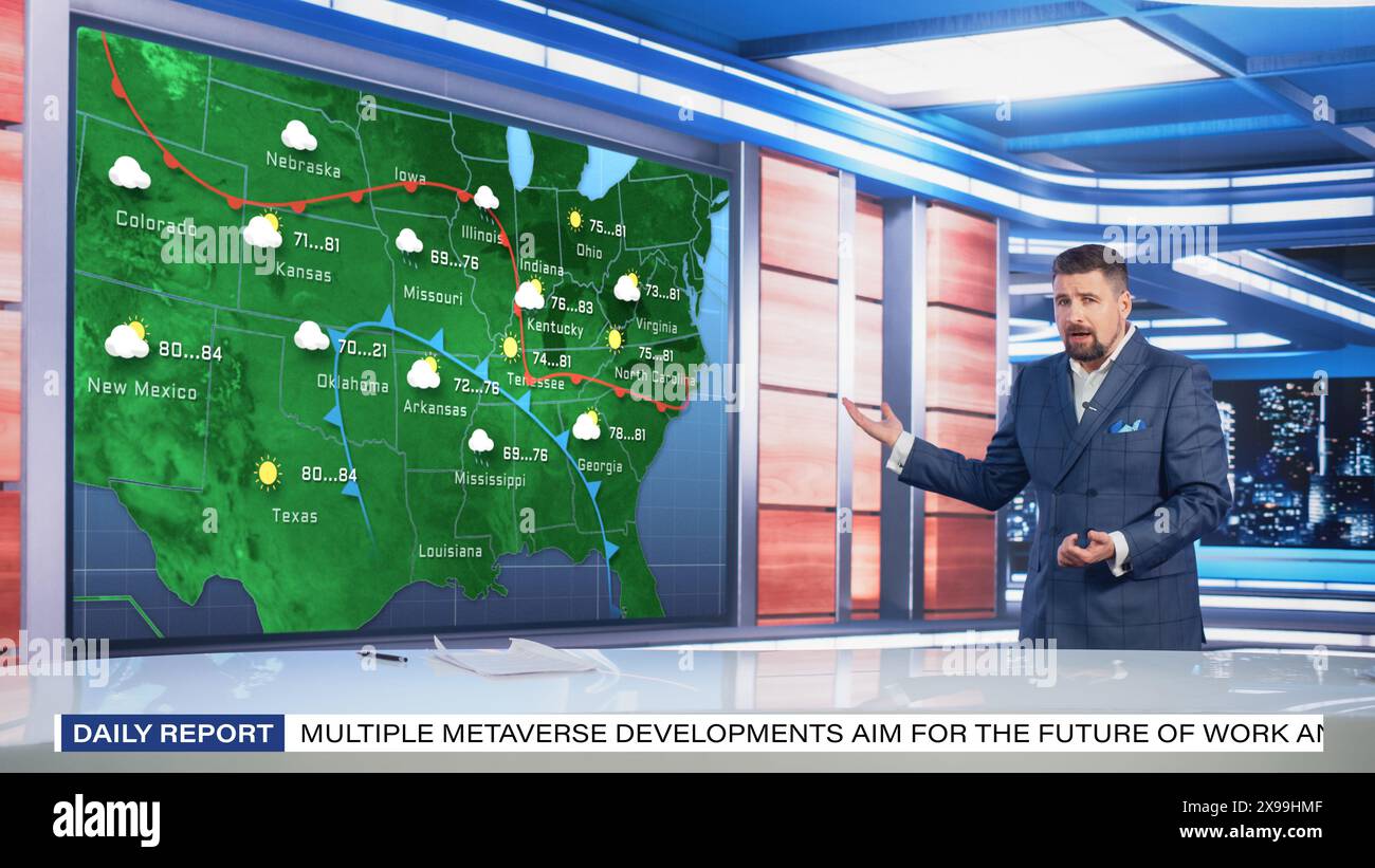 TV Weather Forecast Program: Professional Television Host Reviewing ...