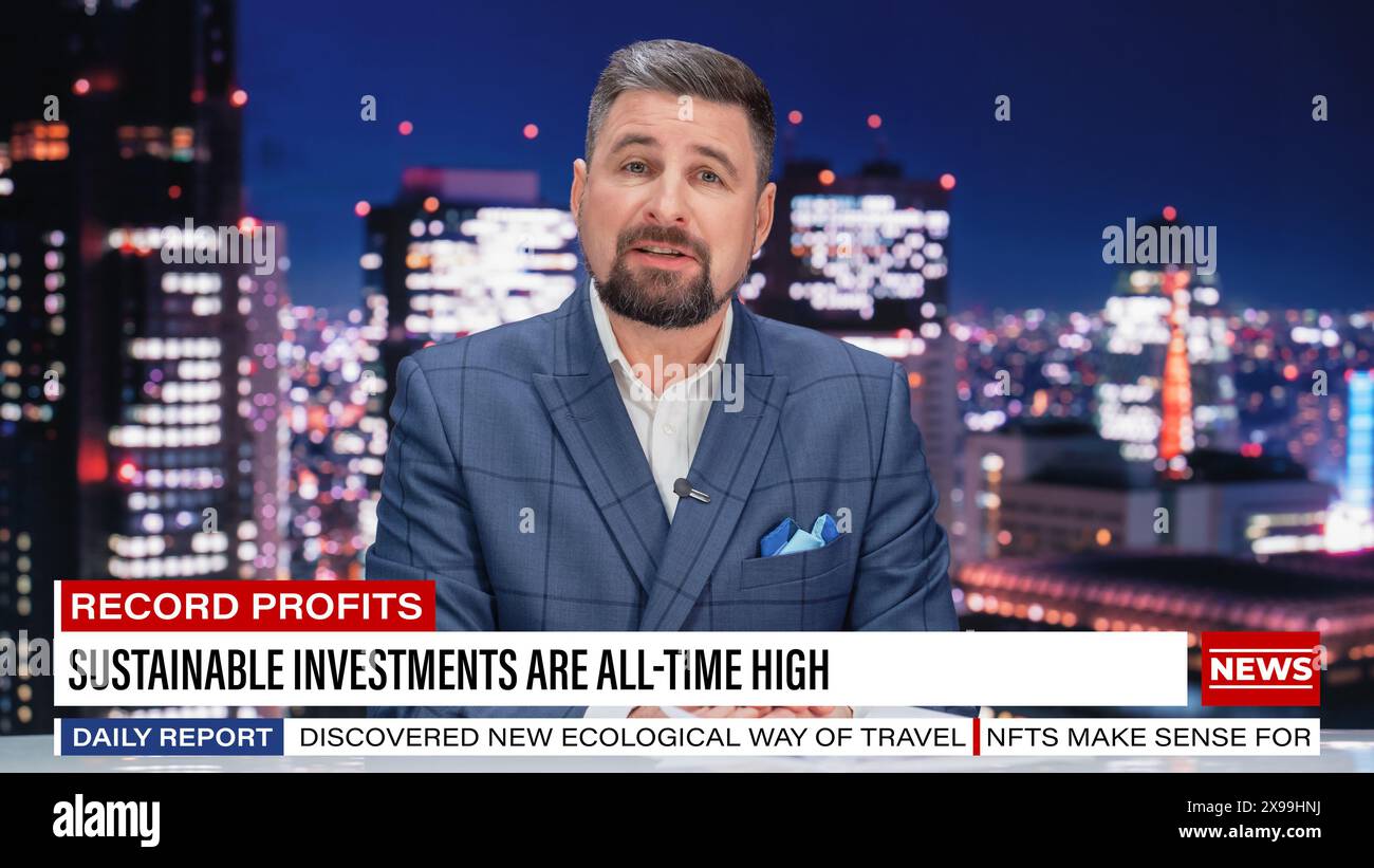 Late Night TV Talk Show Live News Program: Charismatic Male Anchor ...