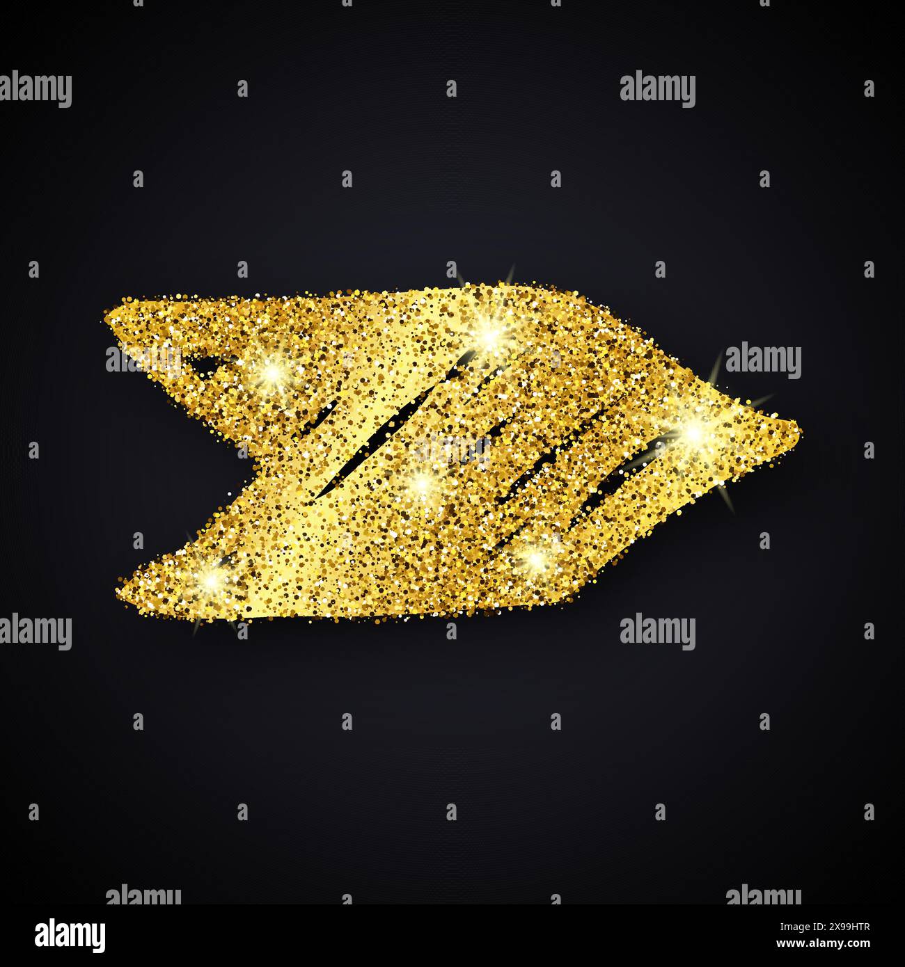 Gold glitter hand drawn arrow. Doodle arrow with gold glitter effect on dark background. Vector ...