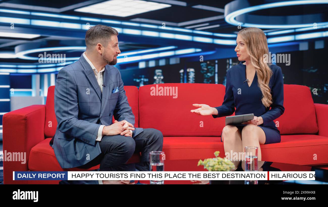 Talk Show TV Program: Two Professional Presenters Talk, Discuss News ...