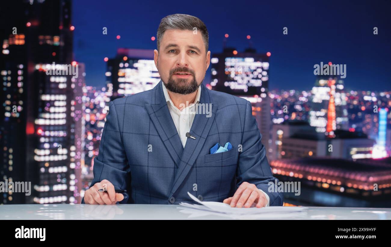 Late Night TV Talk Show Live News Program: Charismatic Male Anchor ...