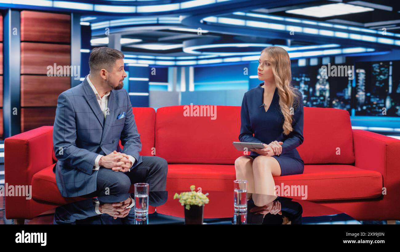 Talk Show TV Program: Two Professional Presenters Talk, Discuss News ...