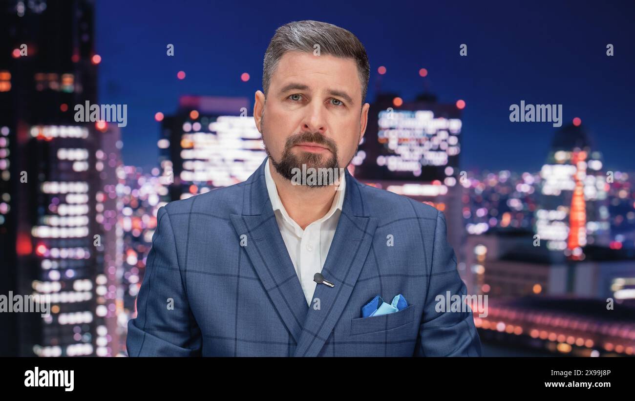 Late Night TV Talk Show Live News Program: Charismatic Male Anchor ...
