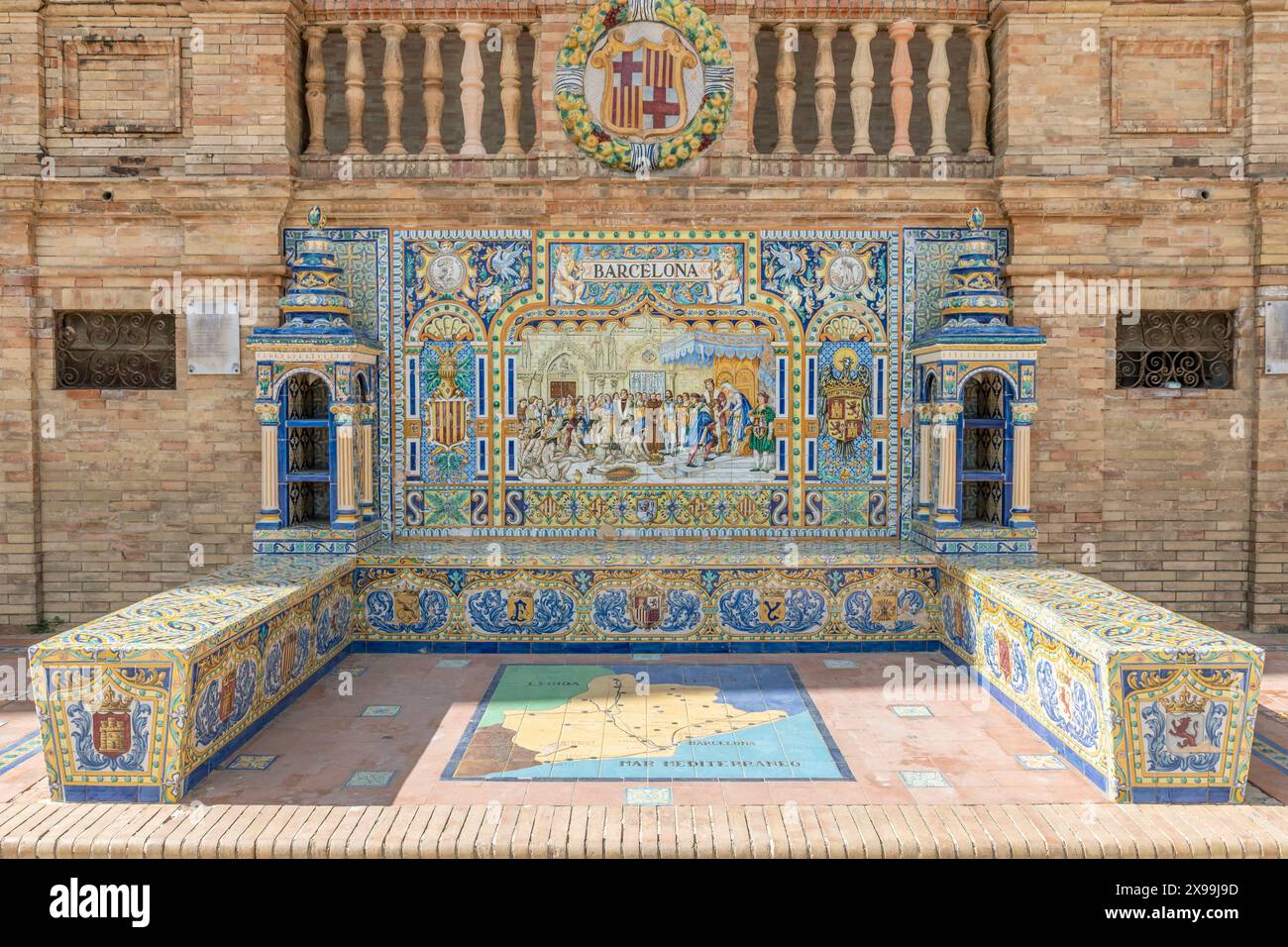 Ancient ceramic bench representing the province of Barcelona, Plaza de ...