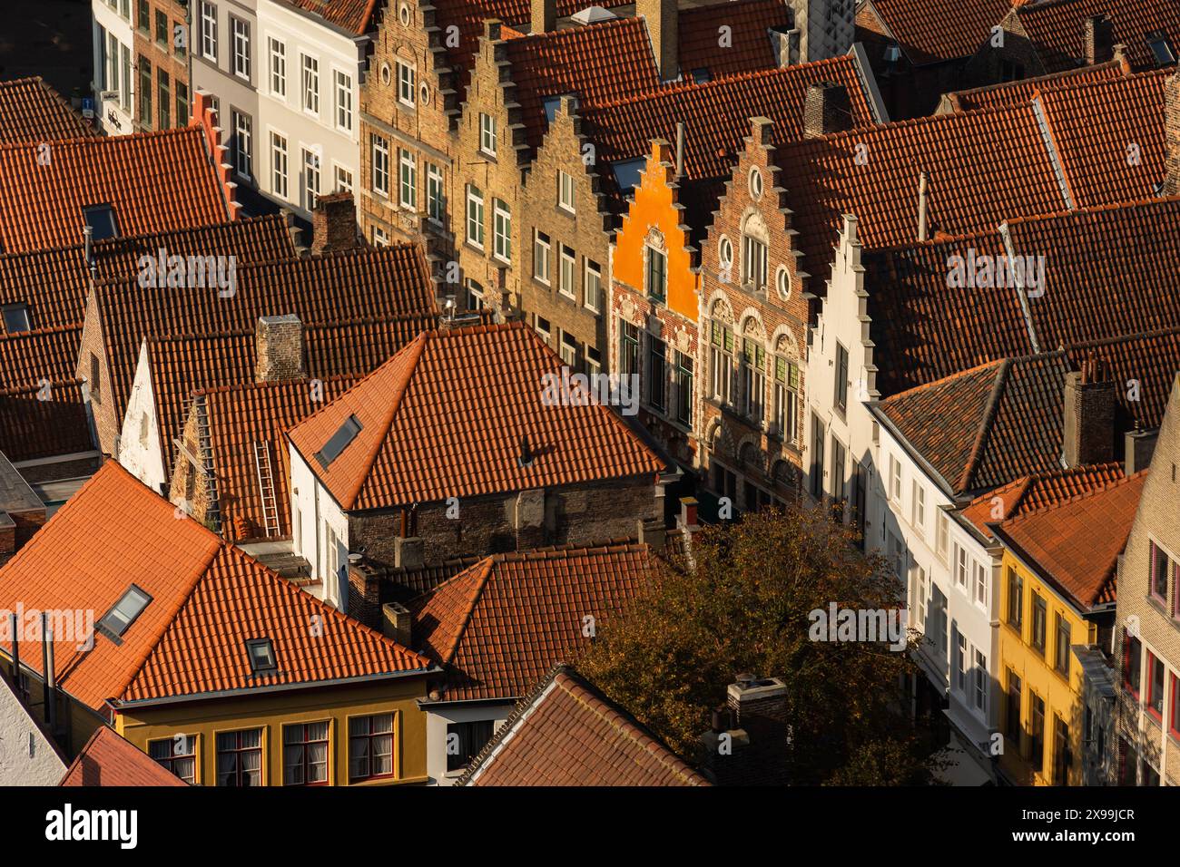 Roofs of old houses in the city centre of Bruggy. The Market square in ...