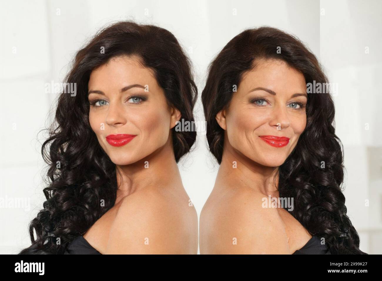 Beautiful brunette models. Young and old woman on white background ...