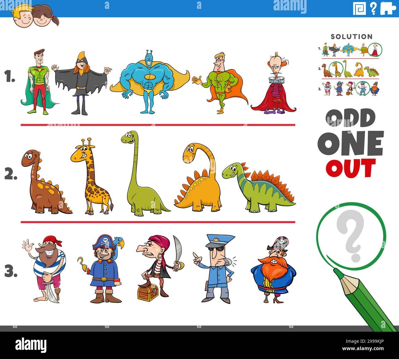 Cartoon illustration of odd one out picture in a row educational game ...