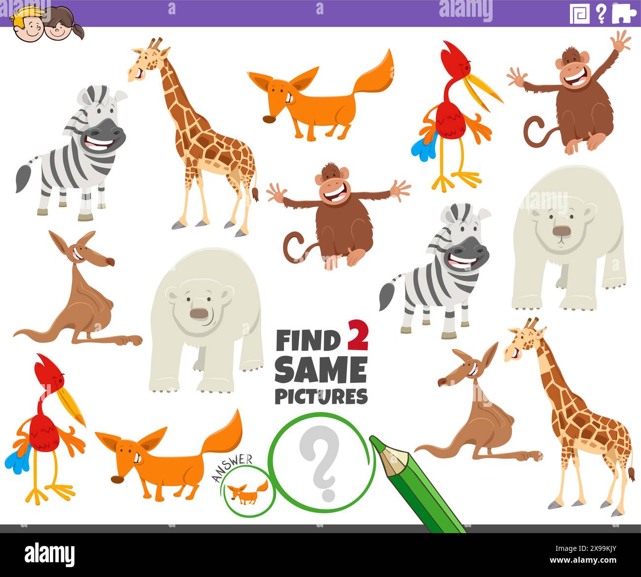 Cartoon illustration of finding two same pictures educational game with ...