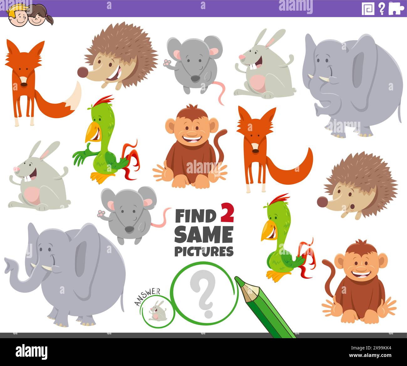 Cartoon illustration of finding two same pictures educational activity ...