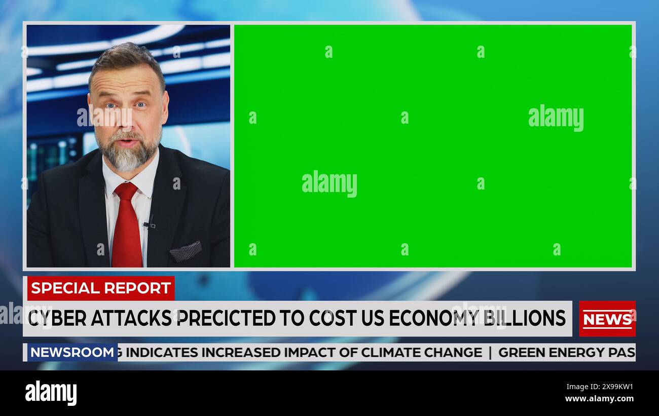 Split Screen TV News Live Report: Anchor Talks, Reporting. Reportage ...