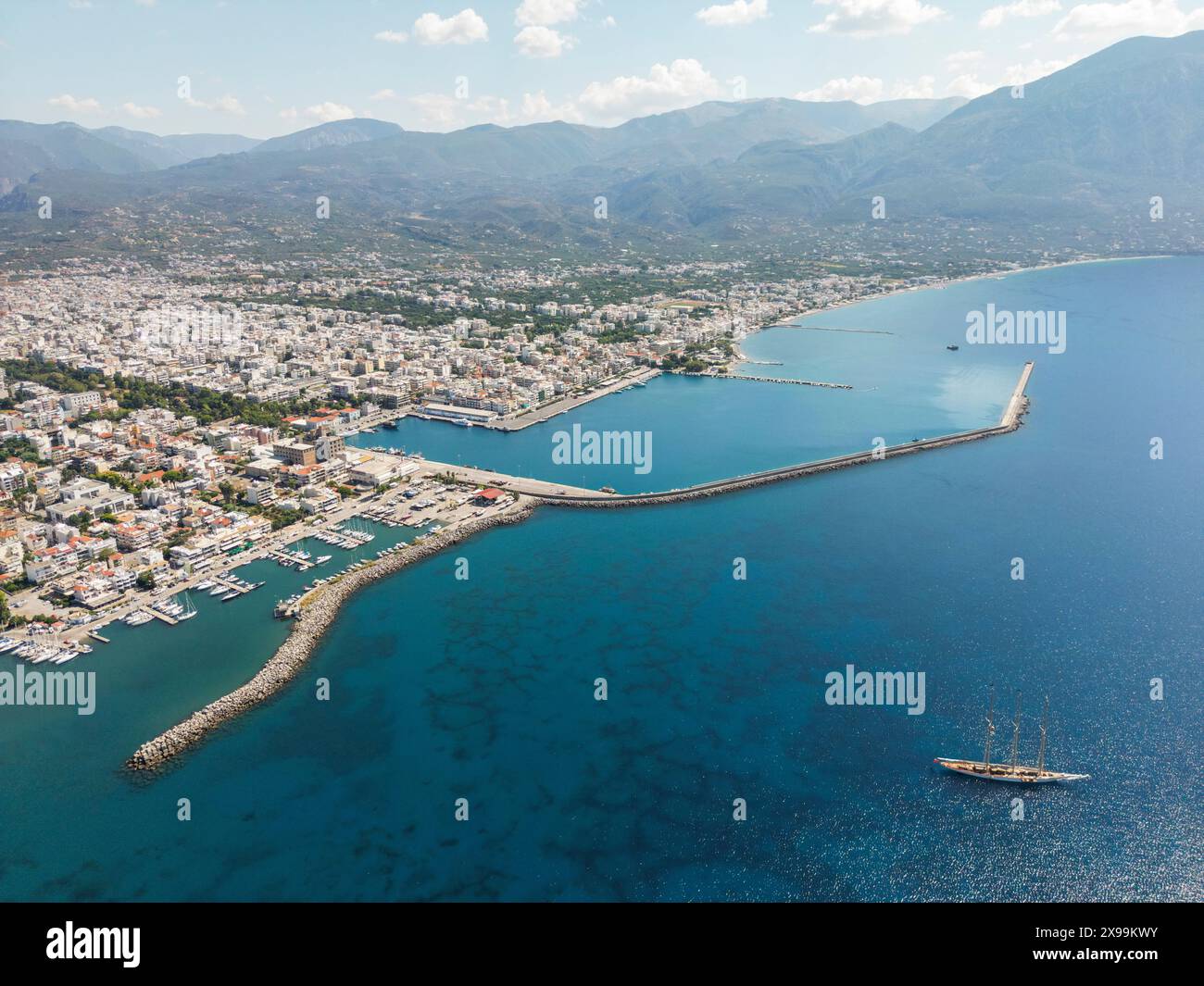 An aerial perspective captures the coastal city of Kalamata, Greece ...