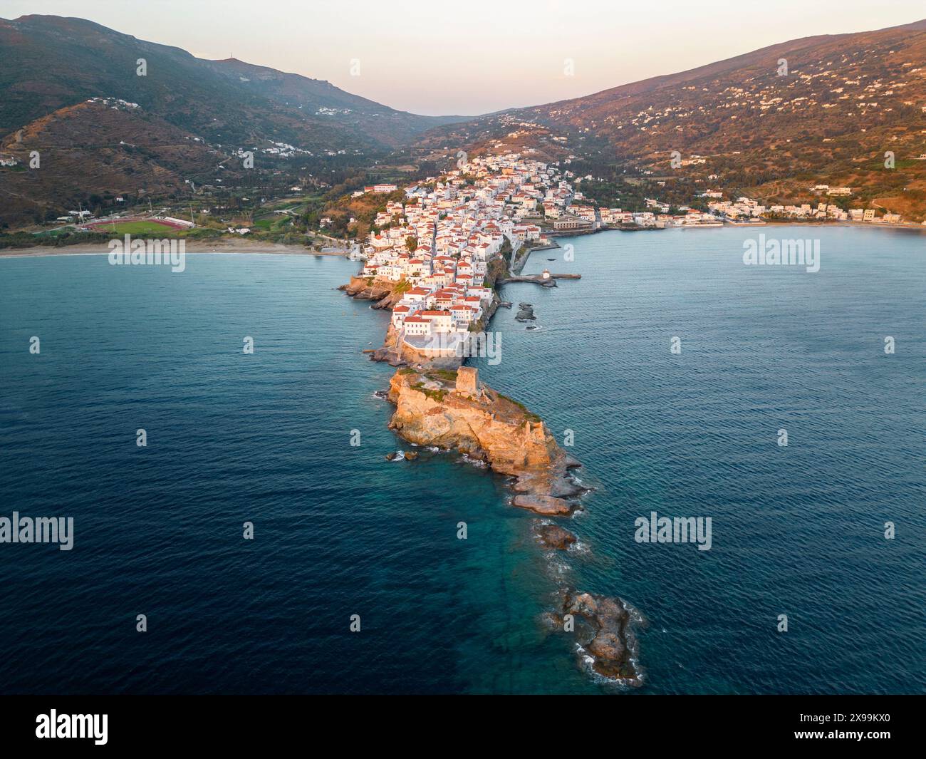 Aerial view of the historic Chora of Andros in Greece with its narrow ...