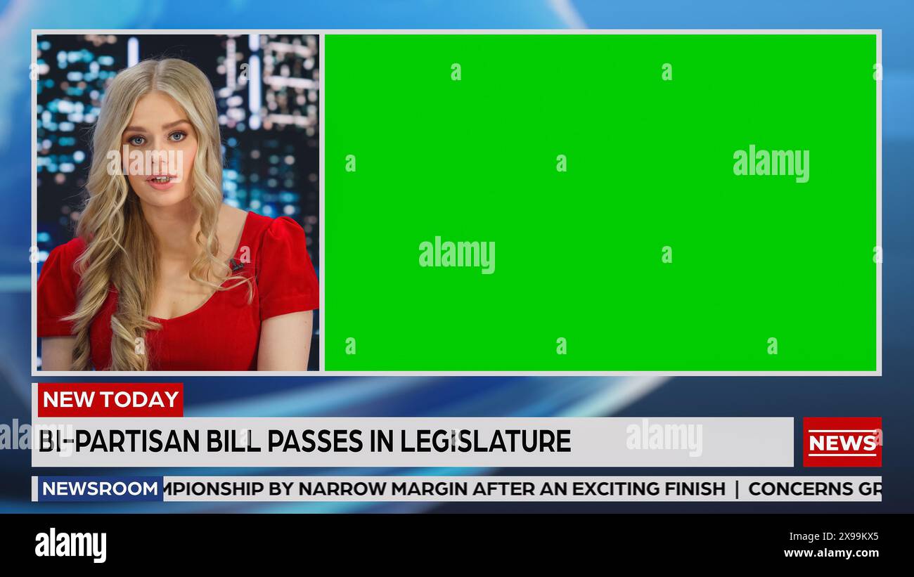 Split Screen TV News Live Report: Female Anchor Talks, Reporting ...