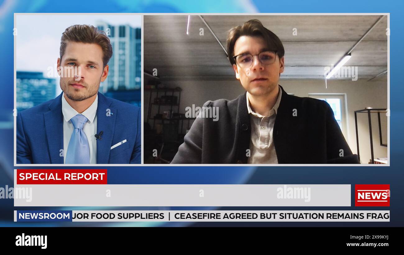 Live Report TV News Anchor Interviews Expert. Professional Presenter ...