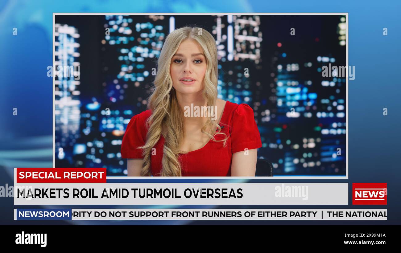 Mock-up Television Channel Live TV News Program. Beautiful Female ...