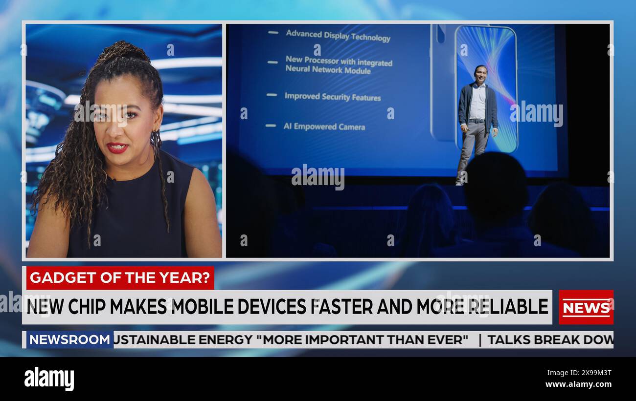 Split Screen TV News Live Report: Anchor Talks. Reportage Montage ...