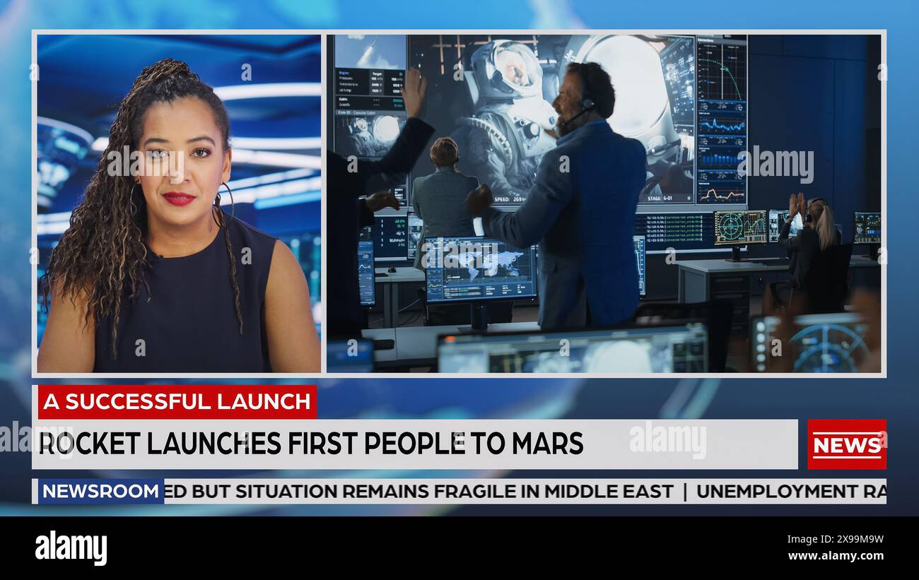 Split Screen TV News Live Report: Anchor Talks. Reportage Montage ...