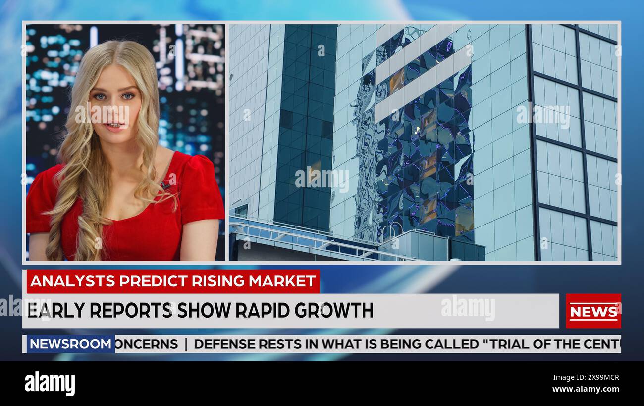 Split Screen TV News Live Report: Anchor Talks. Reportage Montage ...