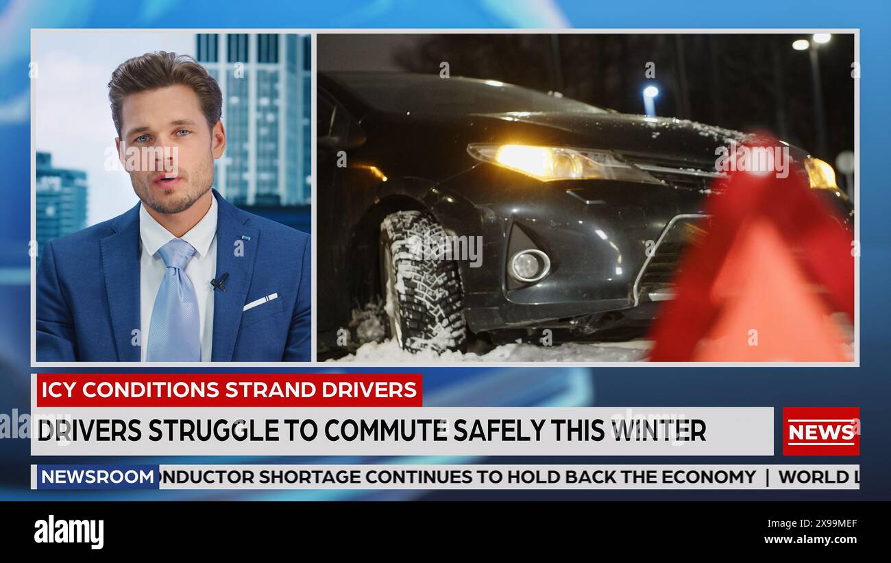 Split Screen TV News Live Report: Anchor Talks. Reportage Montage ...