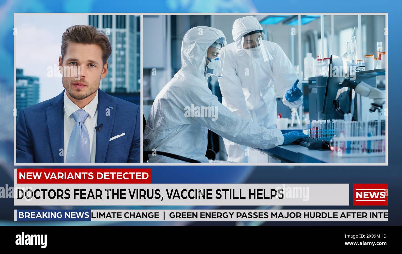 Split Screen TV News Live Report Anchor Talks. Covid-19 Crisis ...